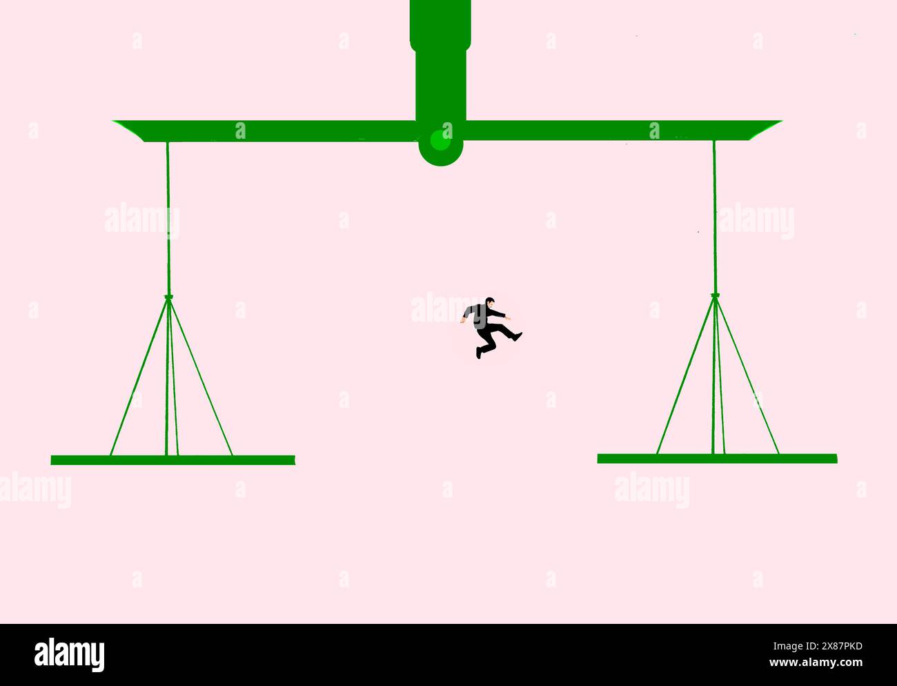 Man jumping over weighing scale from one end to other against pink ...