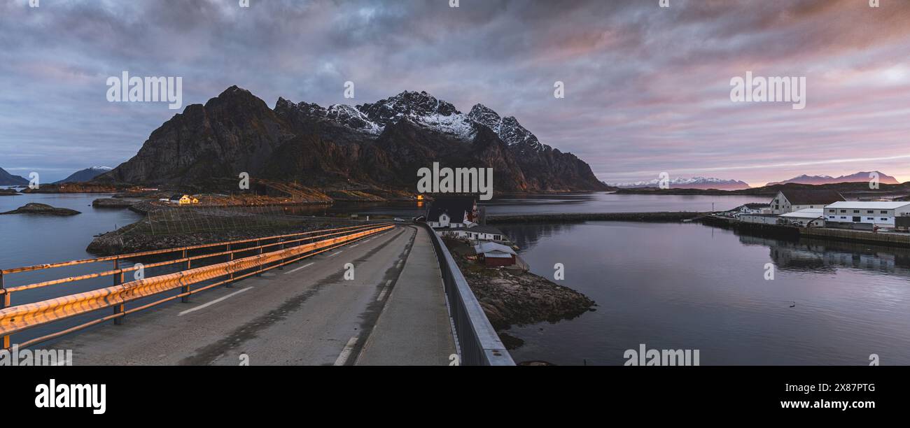 Norway, Northern Norway, Henningsvaer, Asphalt road connecting islands ...