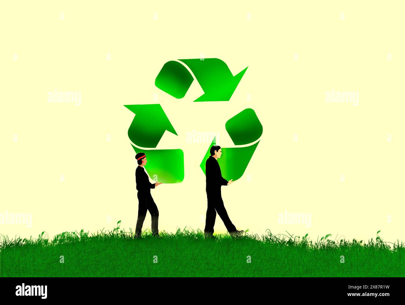 Man and woman carrying large recycling symbol Stock Photo - Alamy