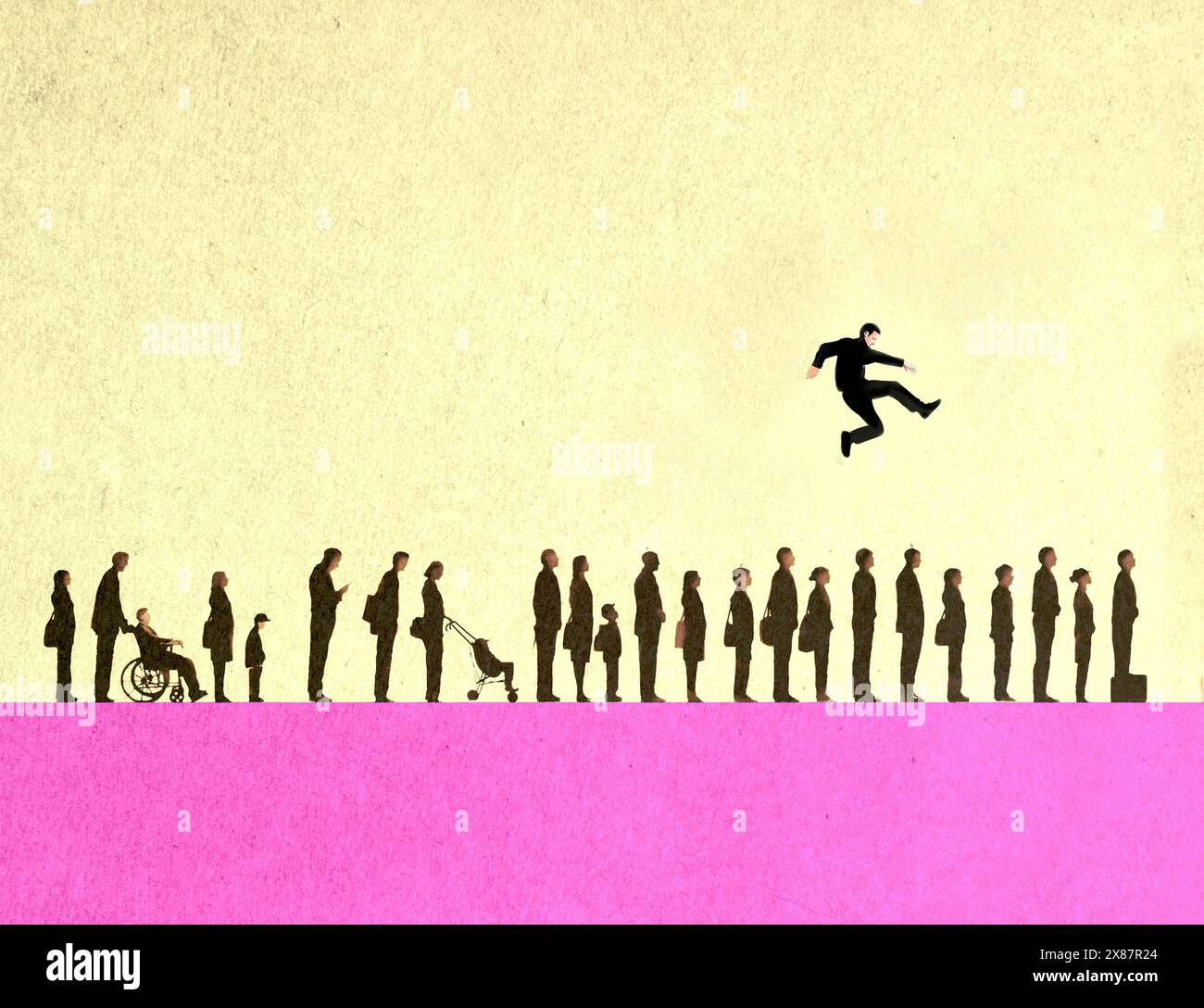 Man jumping over people waiting in line Stock Photo - Alamy