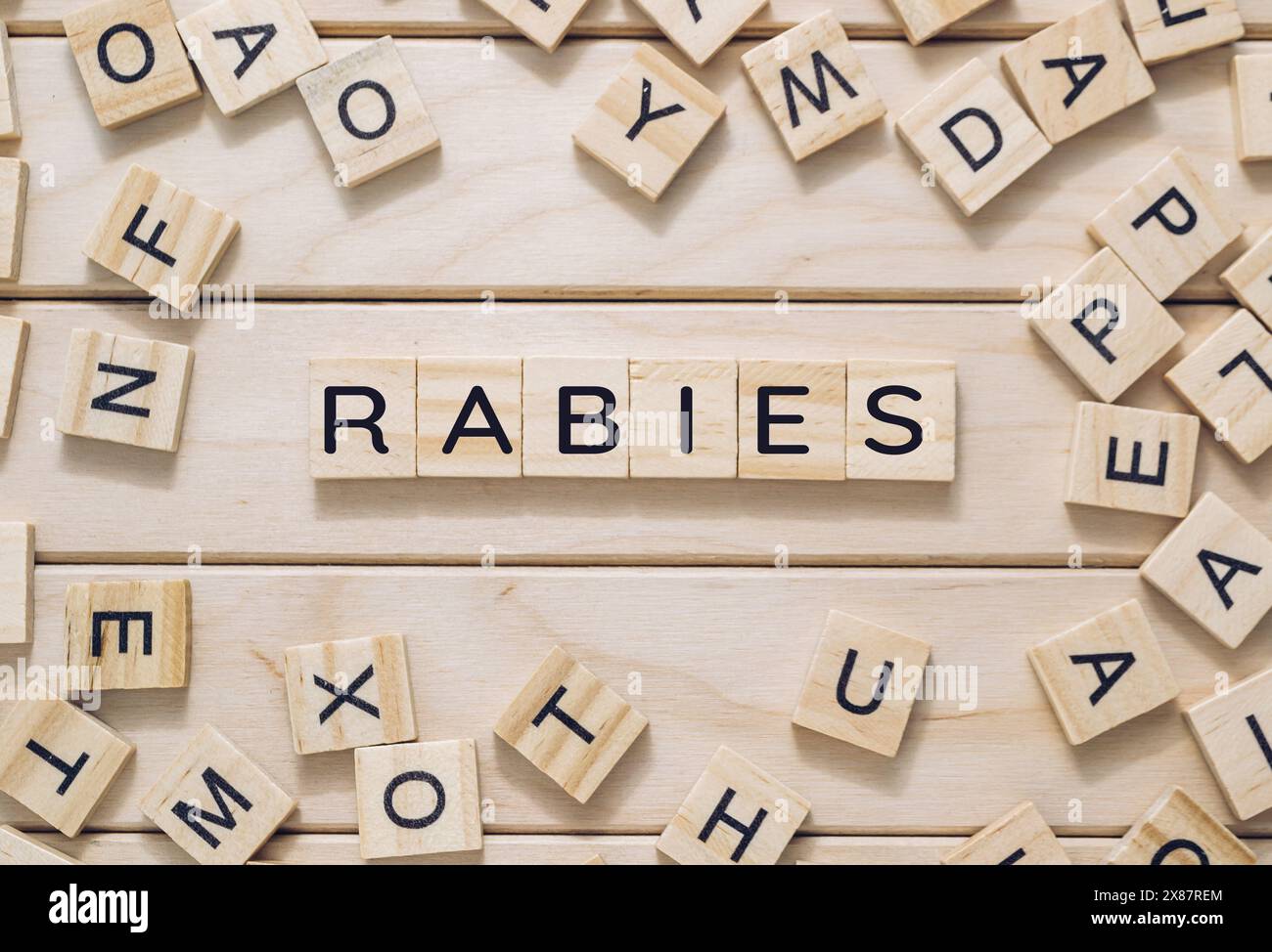 The image is a jumble of wooden letters that spell out the word rabies ...