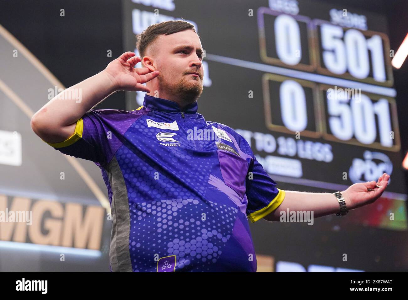 London, UK. 23rd May, 2024. Luke Littler during the 2024 BetMGM Premier ...