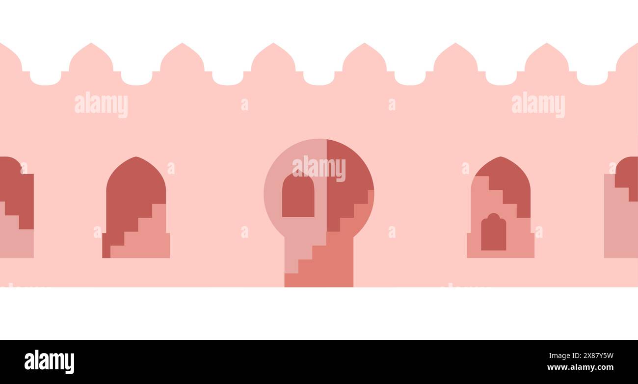Arabic city wall shape with windows, archs. Moroccan style landscape. Simple Vector seamless ...