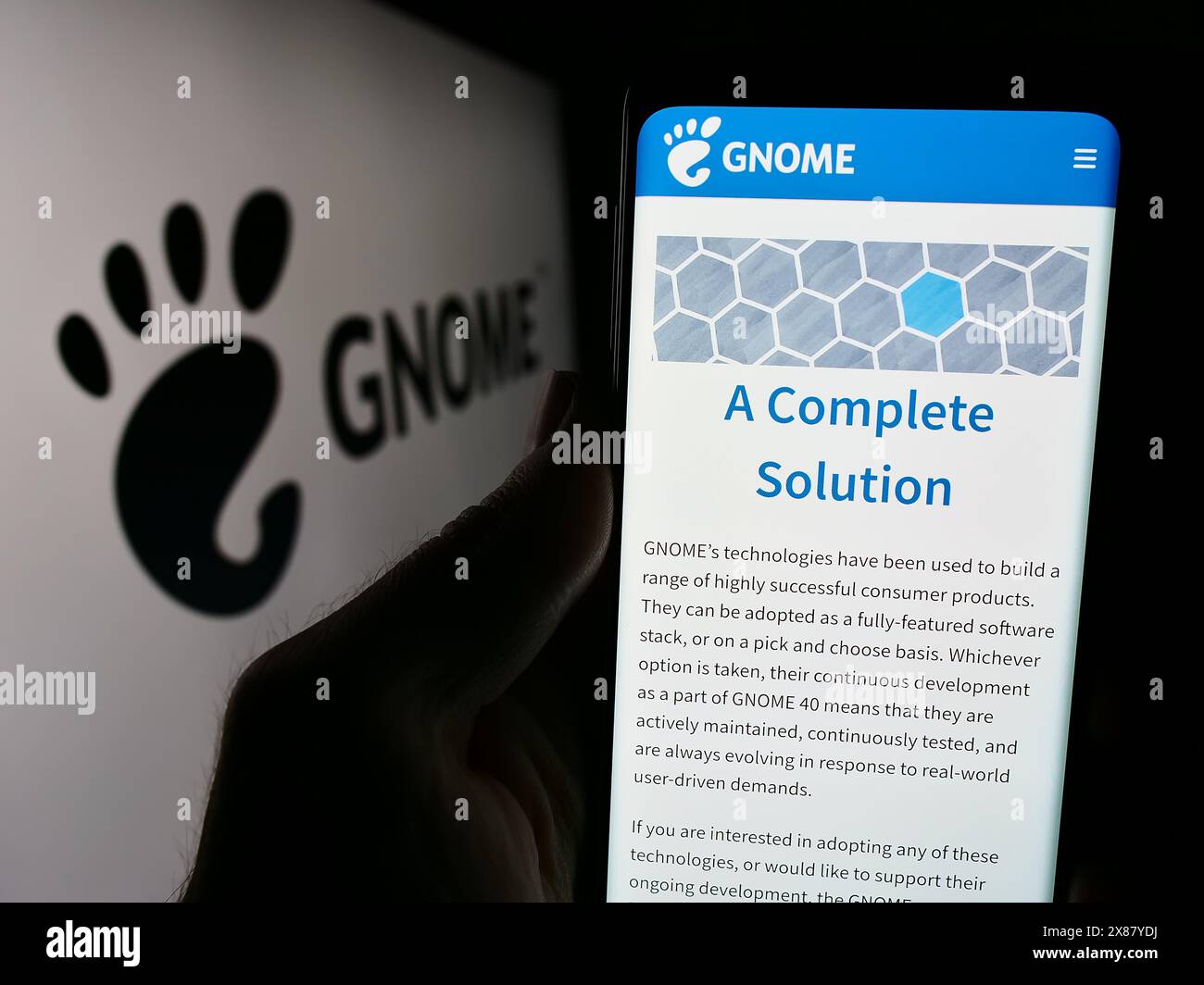 Person holding smartphone with website of open-source GNU Network ...