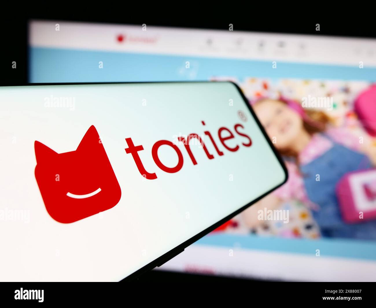 Mobile phone with logo of German toy retail company Tonies SE (Toniebox ...