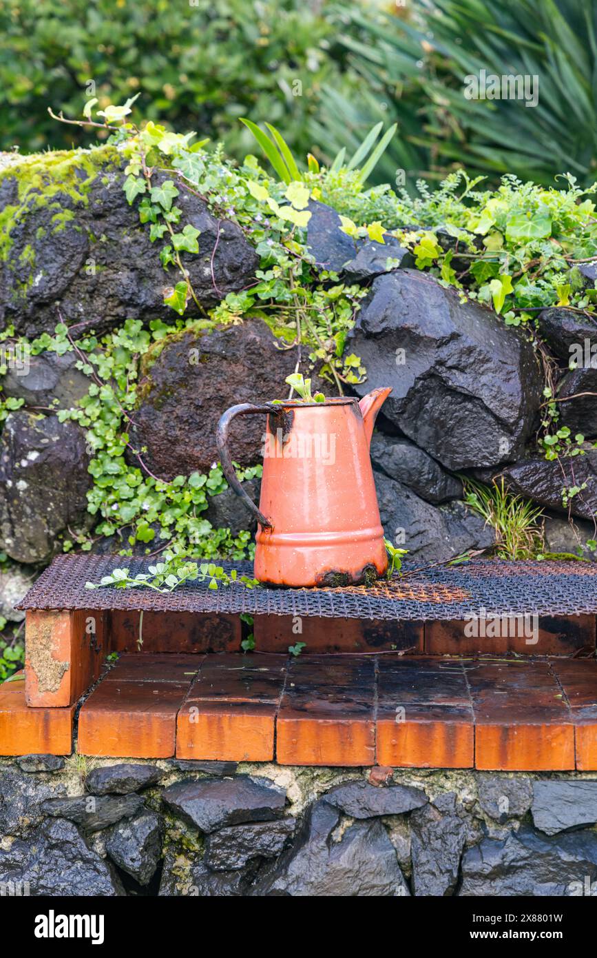 Aldeia da Cuada, Flores, Azores, Portugal. Old orange coffee pot on a ...