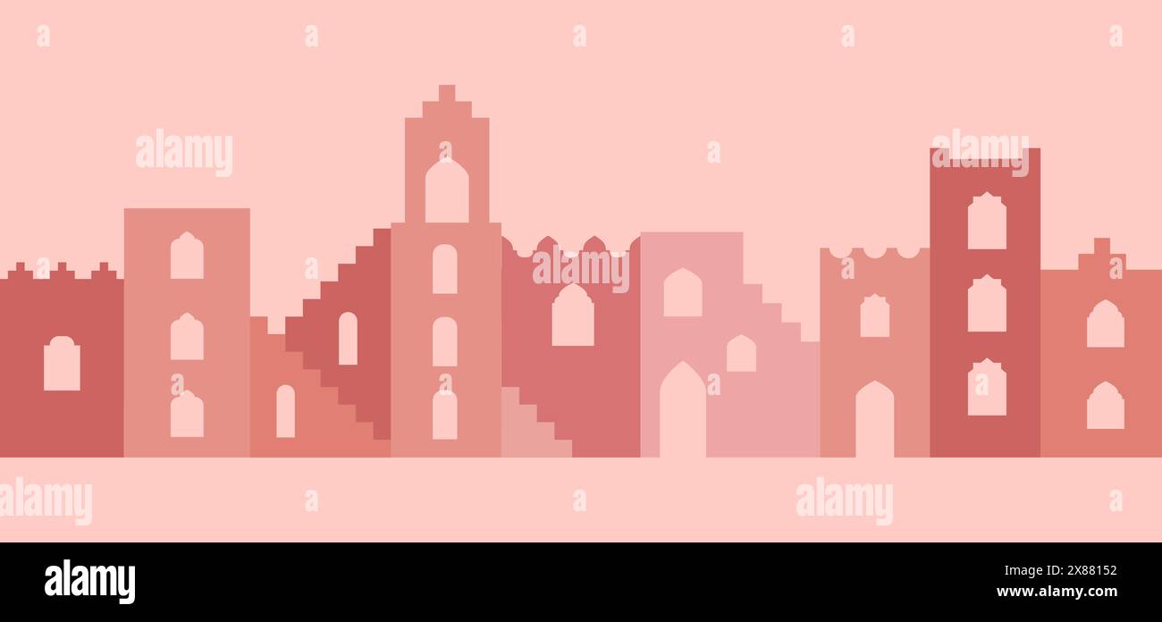 Arabic city wall shape with buildings, windows, archs, stairs. Moroccan ...