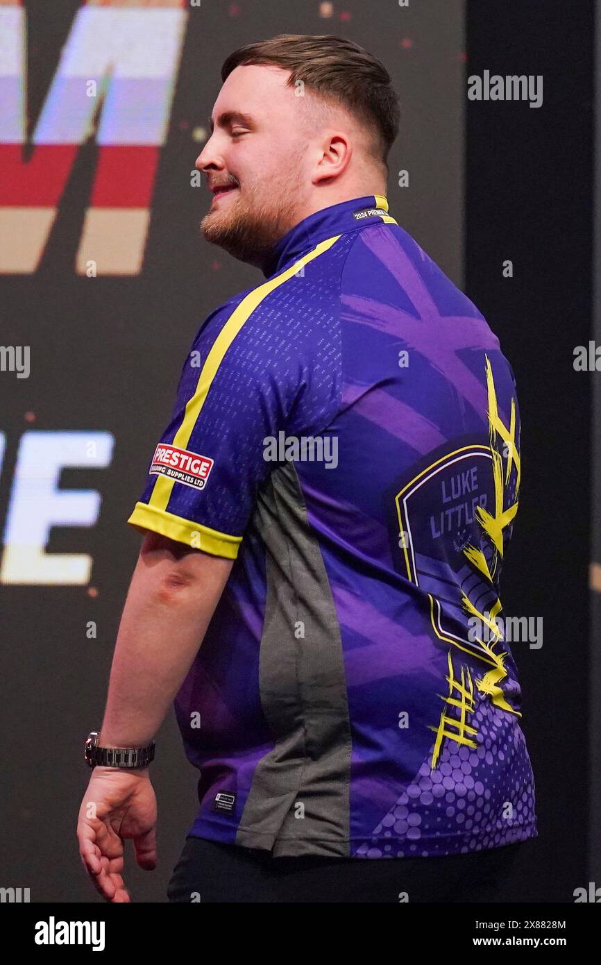 London, UK. 23rd May, 2024. Luke Littler reacts smiles v Michael Smith ...