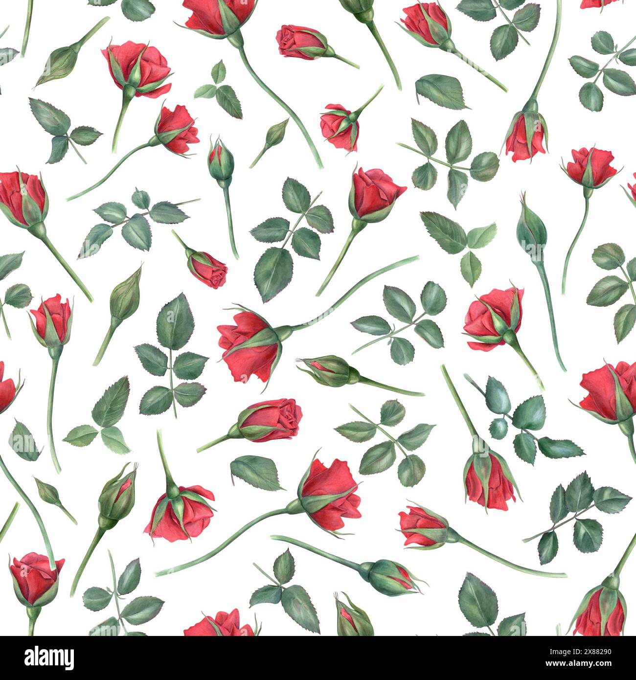 Ruby flowers and green leaves on stems. Red roses. Seamless pattern ...