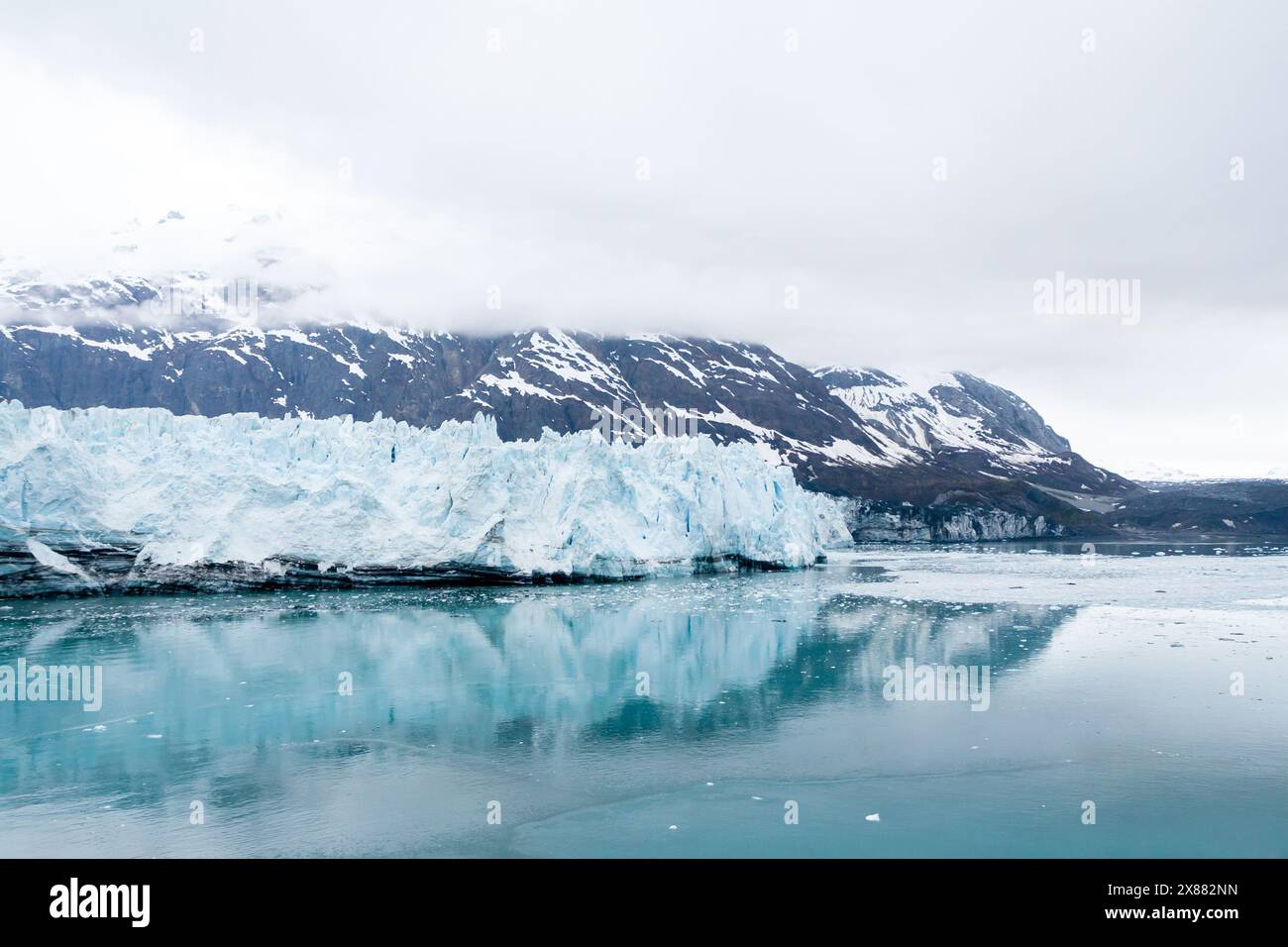 The Margerie Glacier terminus in the Tarr Inlet under a foggy mist ...