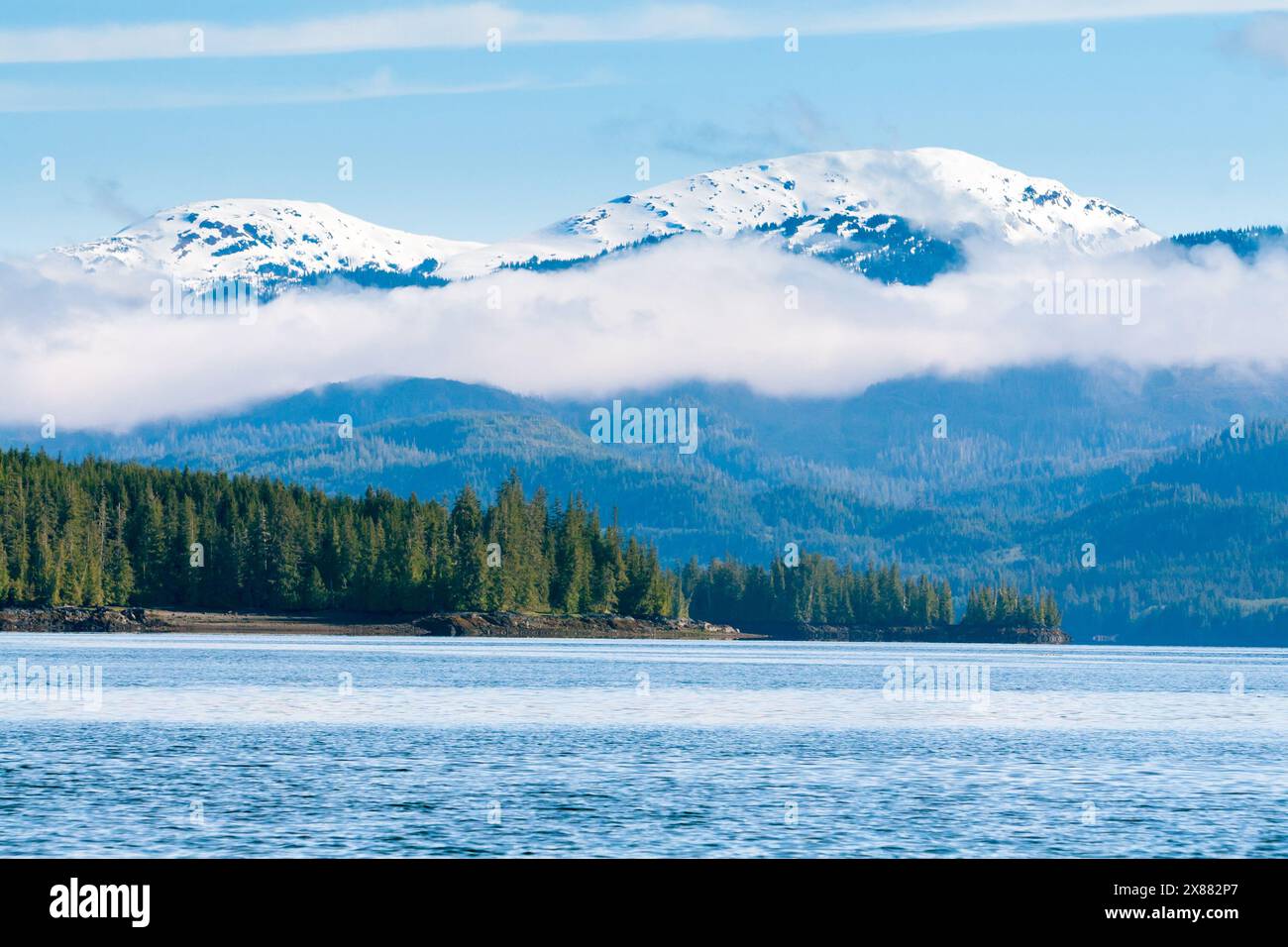 Low-hanging clouds over snow-capped mountains and evergreen forest ...
