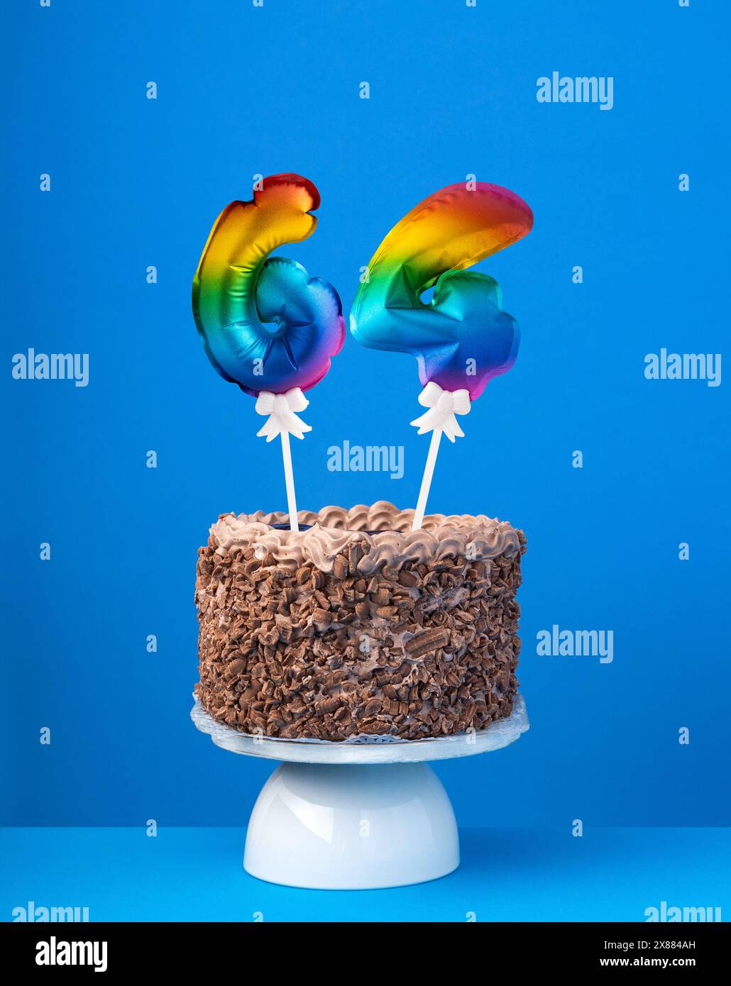 Birthday cake with balloon number 64 - Invitation card on blue ...