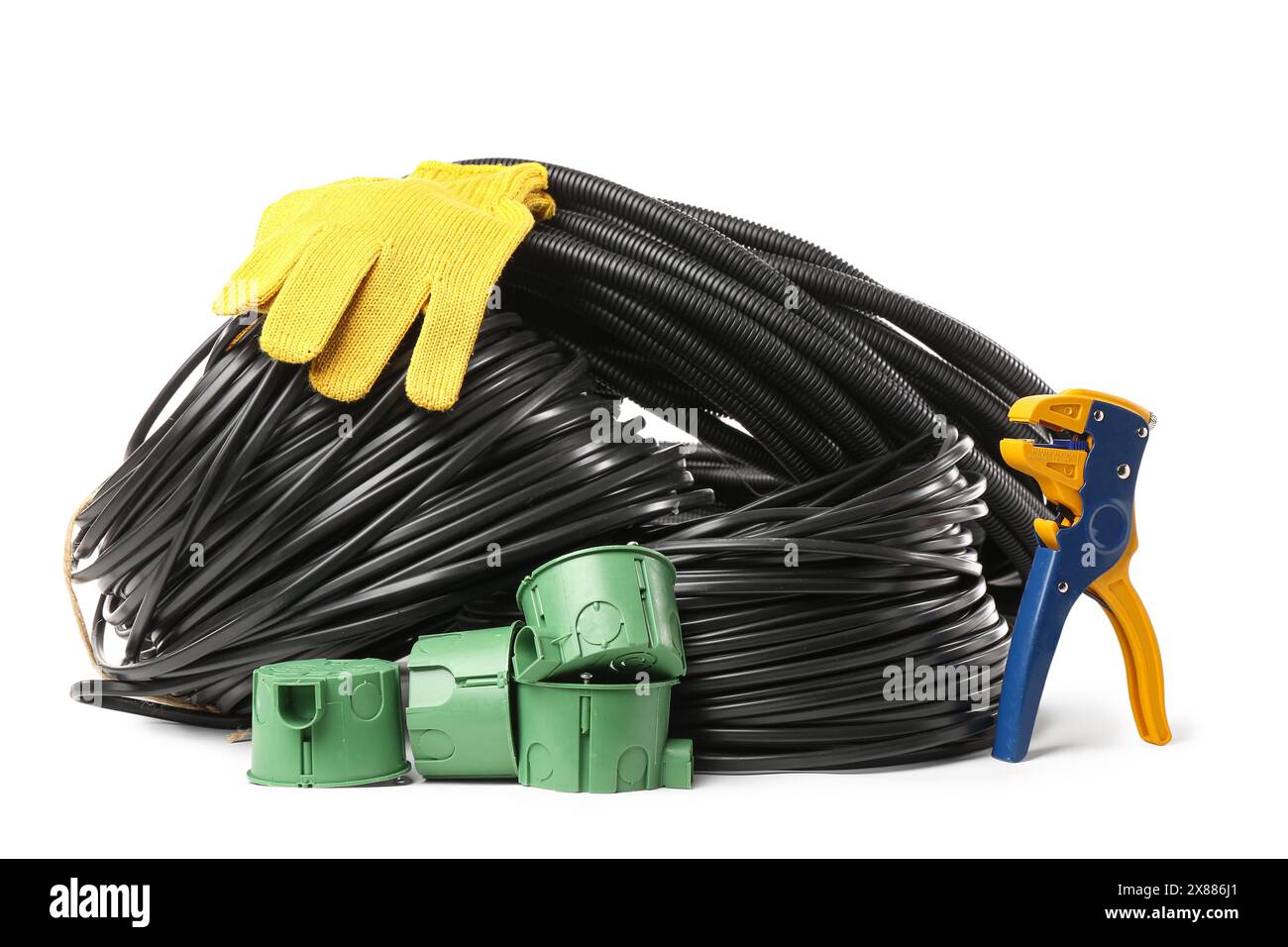 Rolled cables, flexible conduit tube, socket mounting boxes and wire ...
