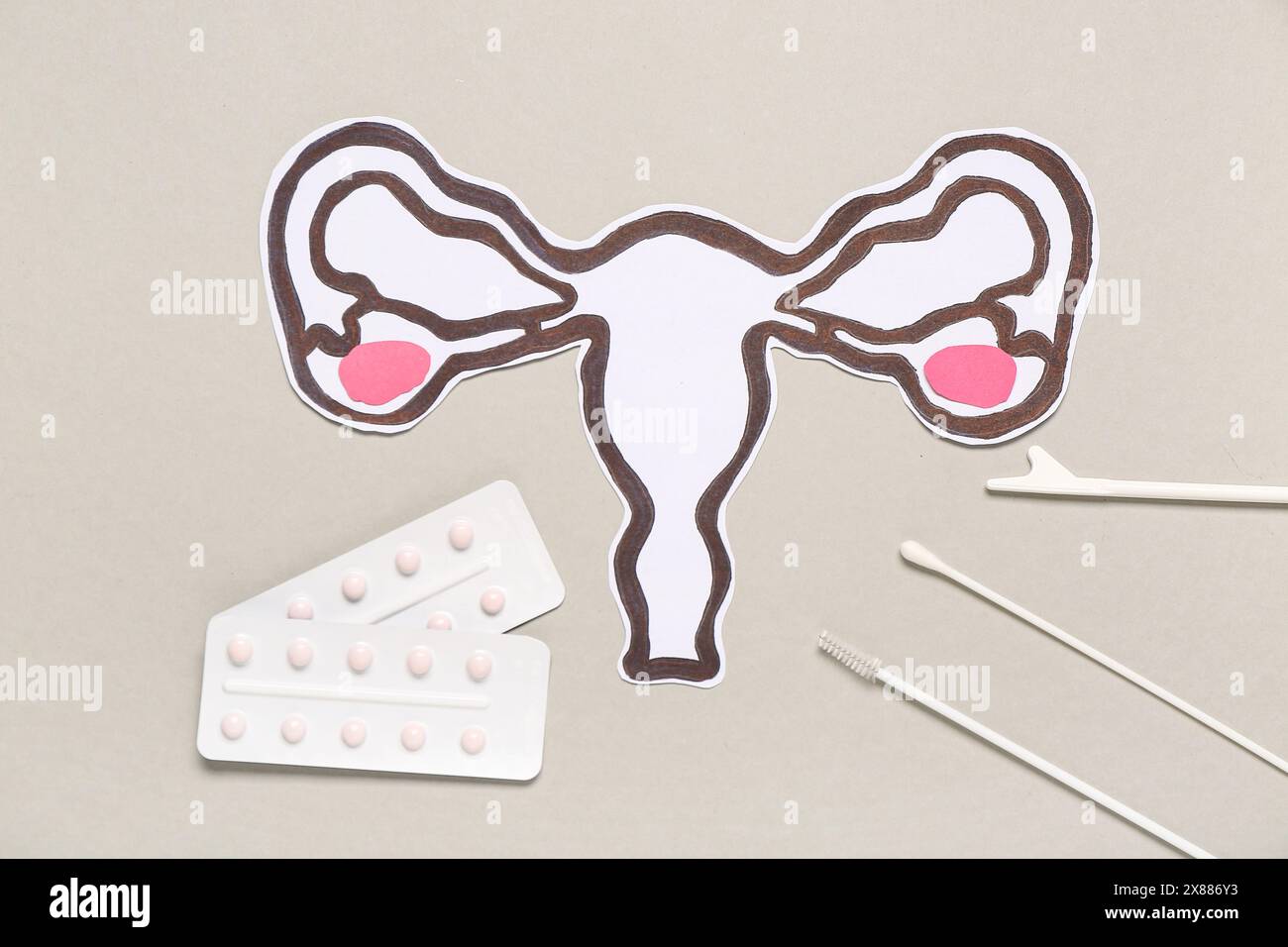 Paper uterus with pills and pap smear test tools on grey background ...