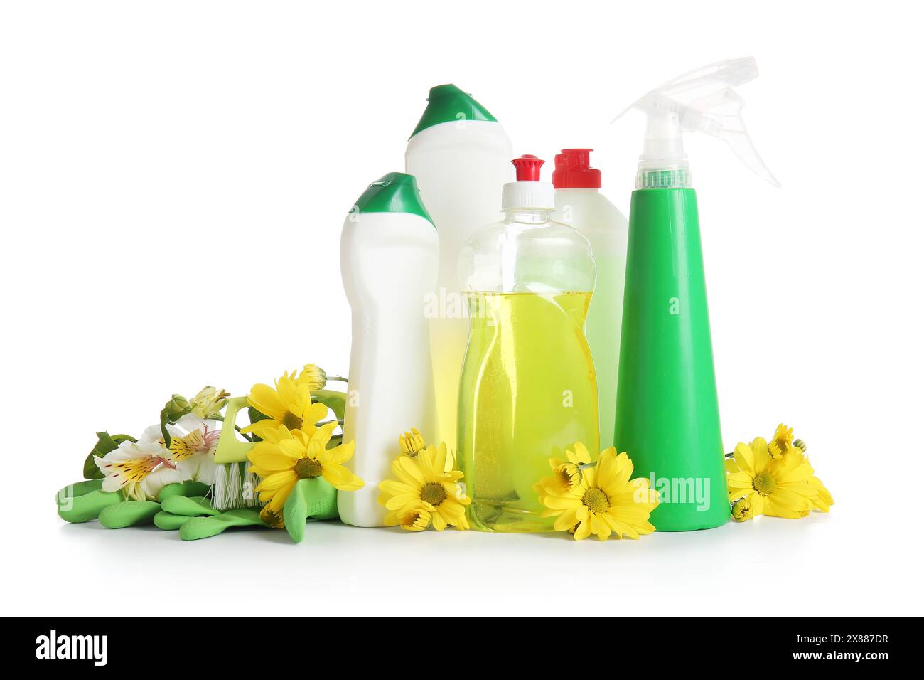 Set of cleaning supplies with spring flowers on white background Stock ...