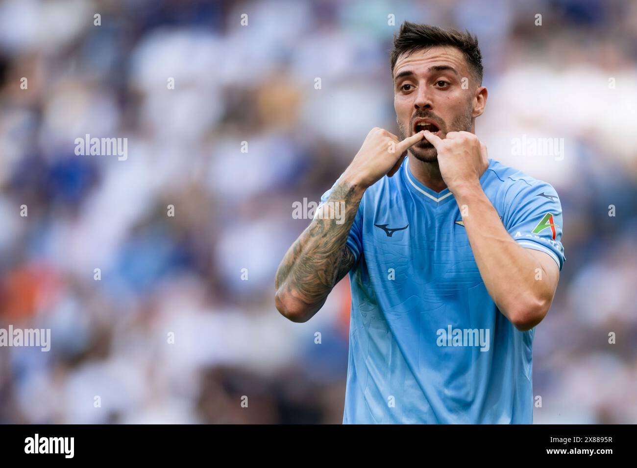 Milan, Italy. 19 May 2024. Mario Gila of SS Lazio gestures during the Serie A football match ...