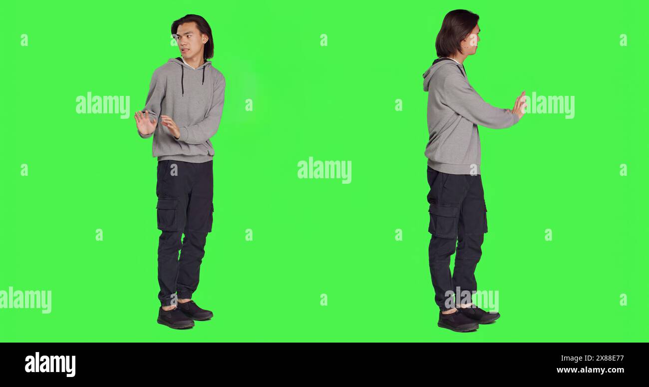 Person pretending to push thing aside, expressing rejection or denial ...