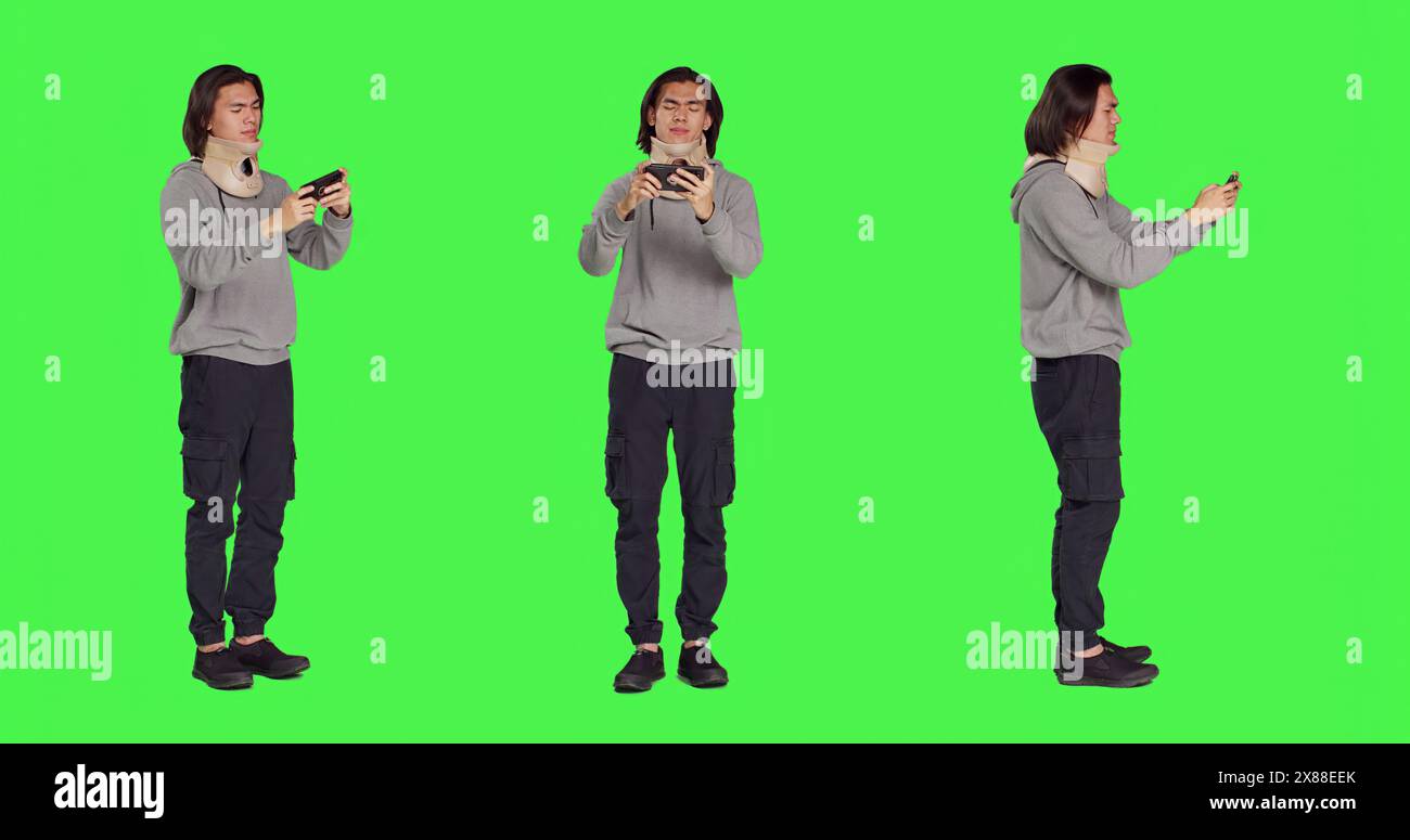 Injured adult with cervical neck collar on videocall against ...