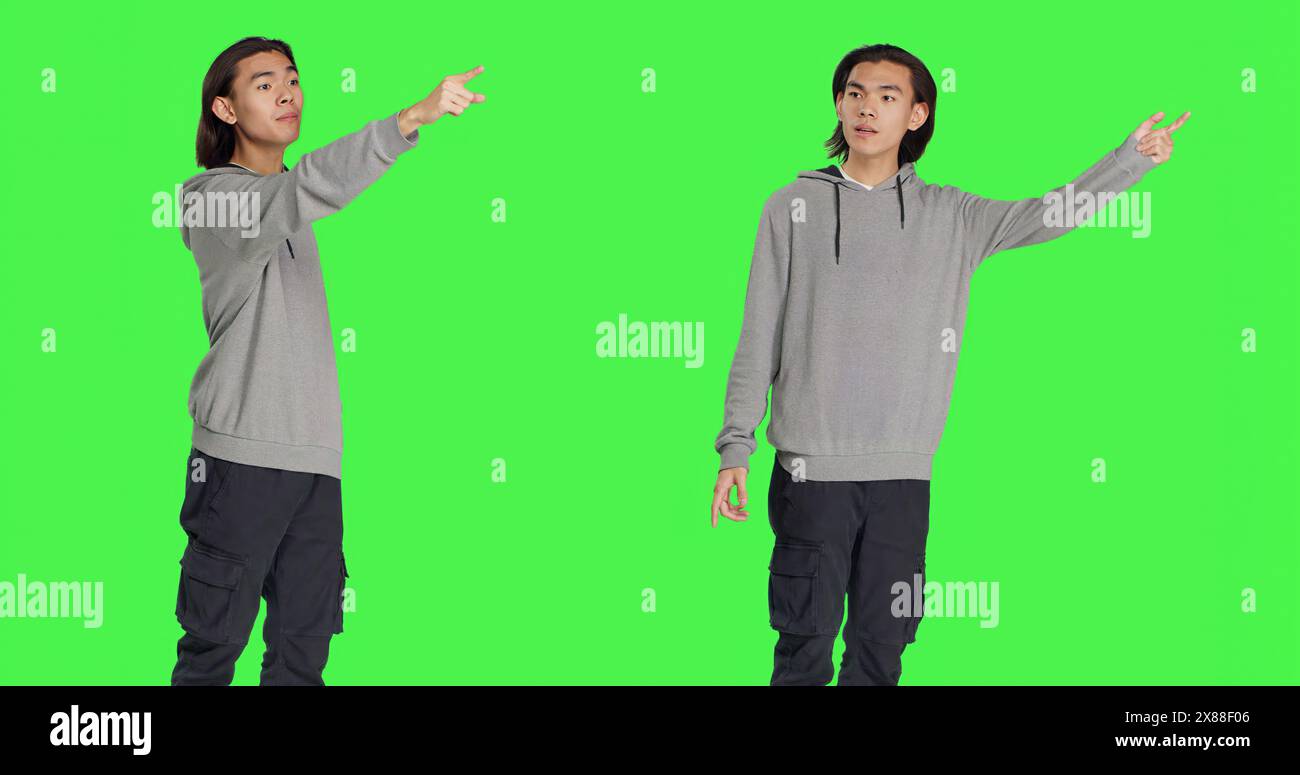 Model indicating left or right directions in studio, pointing to both ...