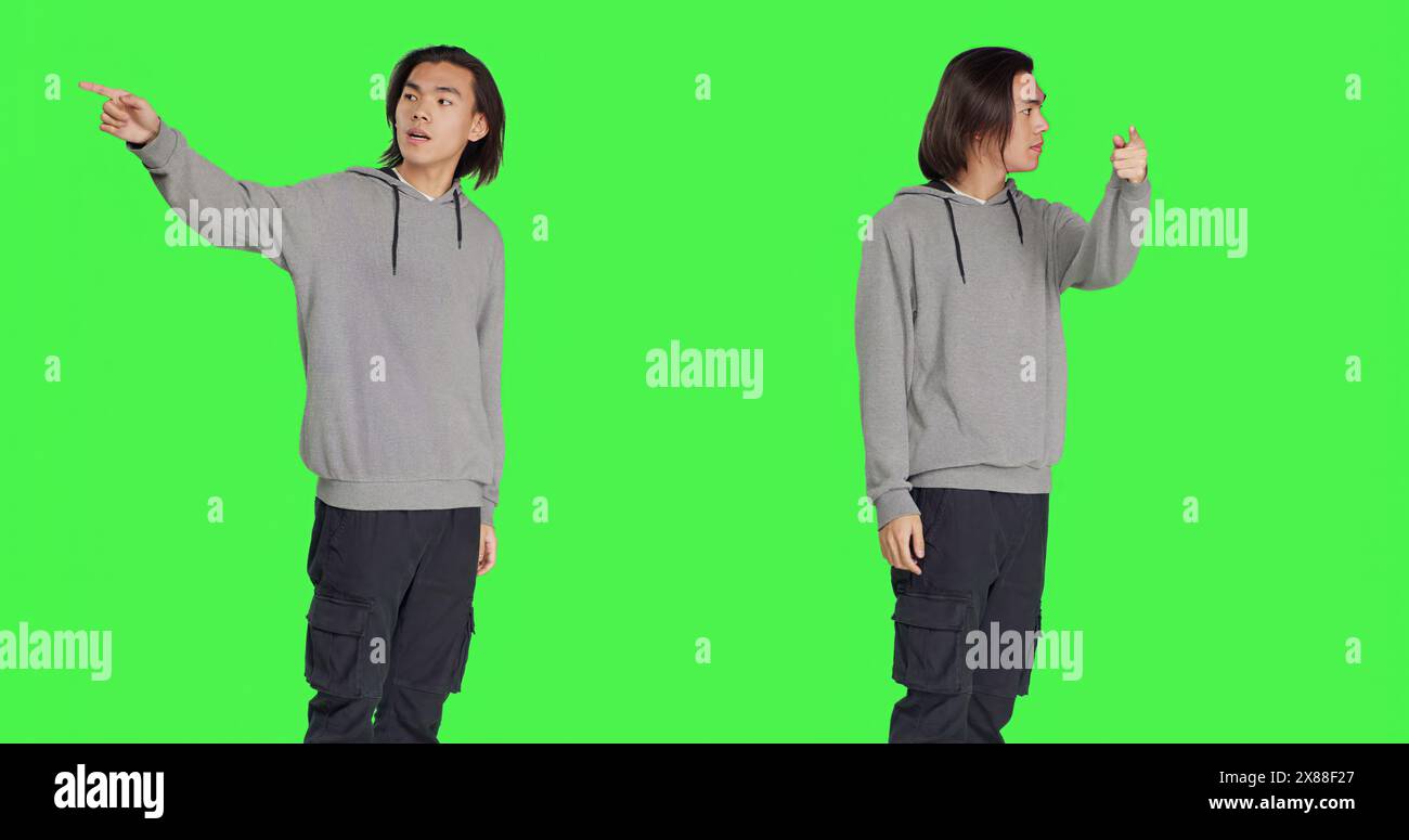 Adult showing left or right directions in studio, pointing to both ...
