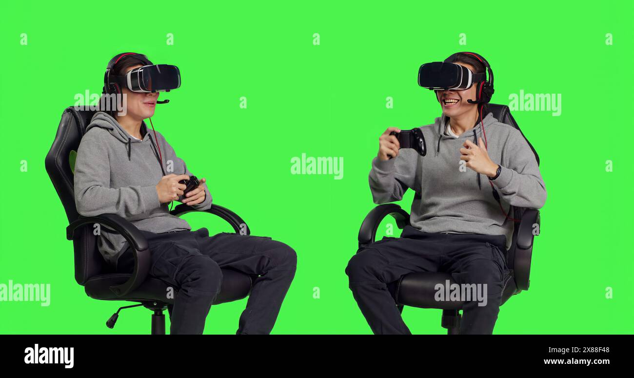 Asian gamer playing video games with vr headset and joystick, having ...