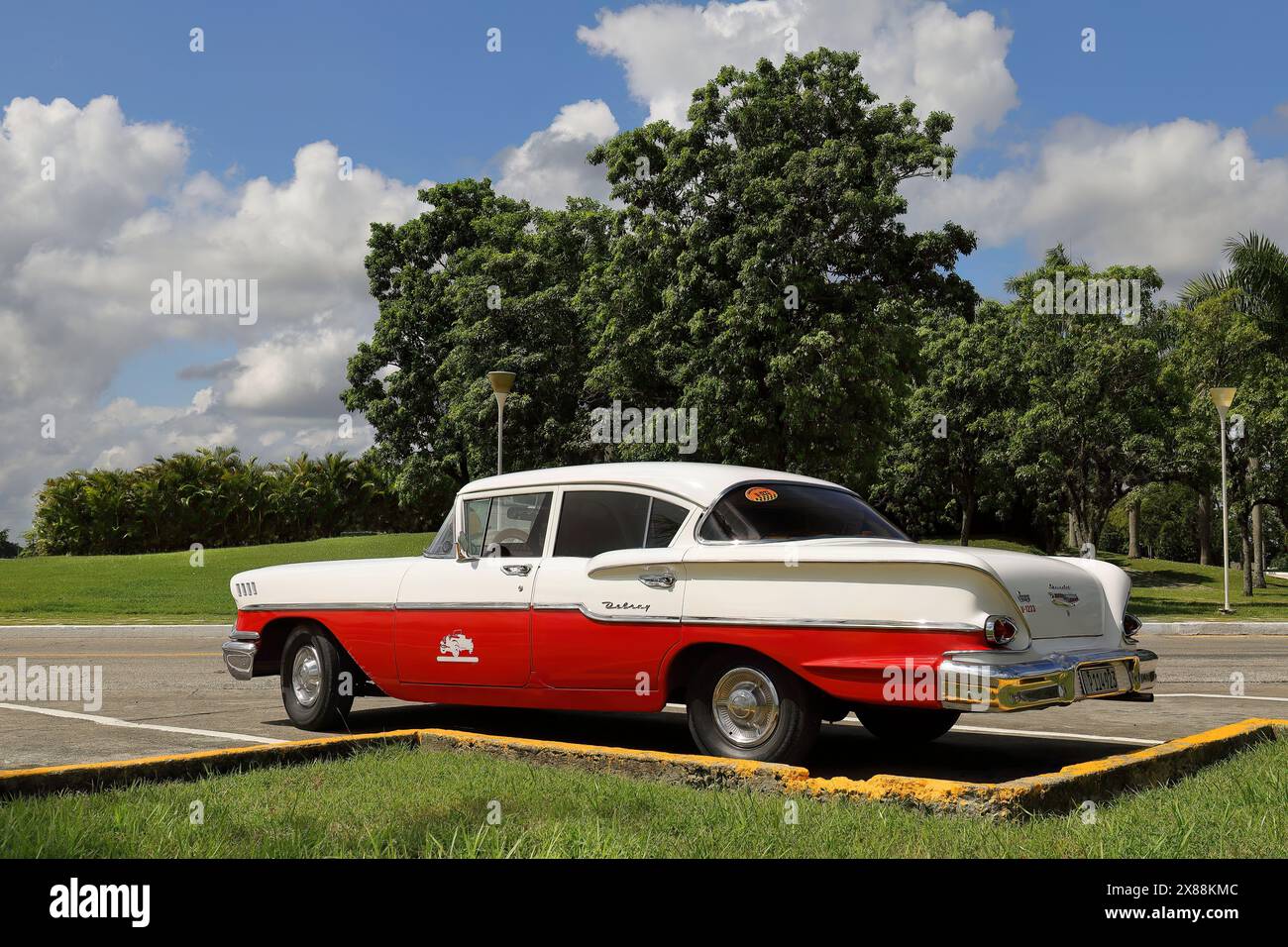 311 Side-rear view, old white and red American classic car -Chevrolet ...