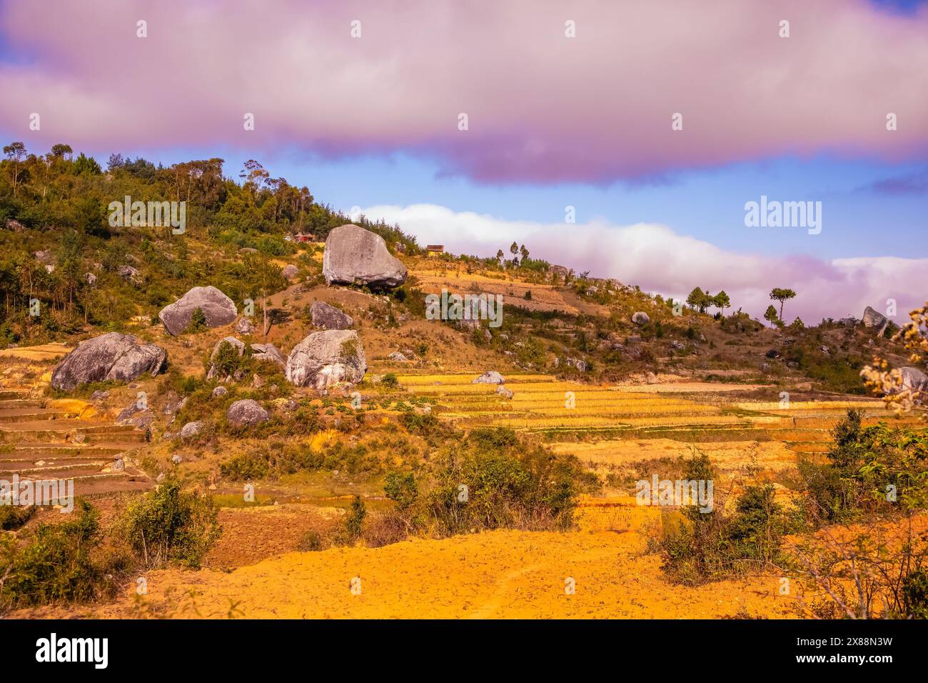 Madagascar roads. path from Fianarantsoa through small villages, houses ...
