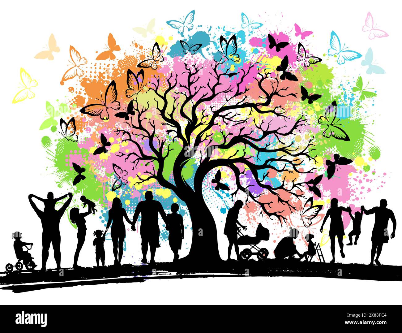 Happy Family silhouettes. Childhood. colorful tree. hand drawing. Not ...