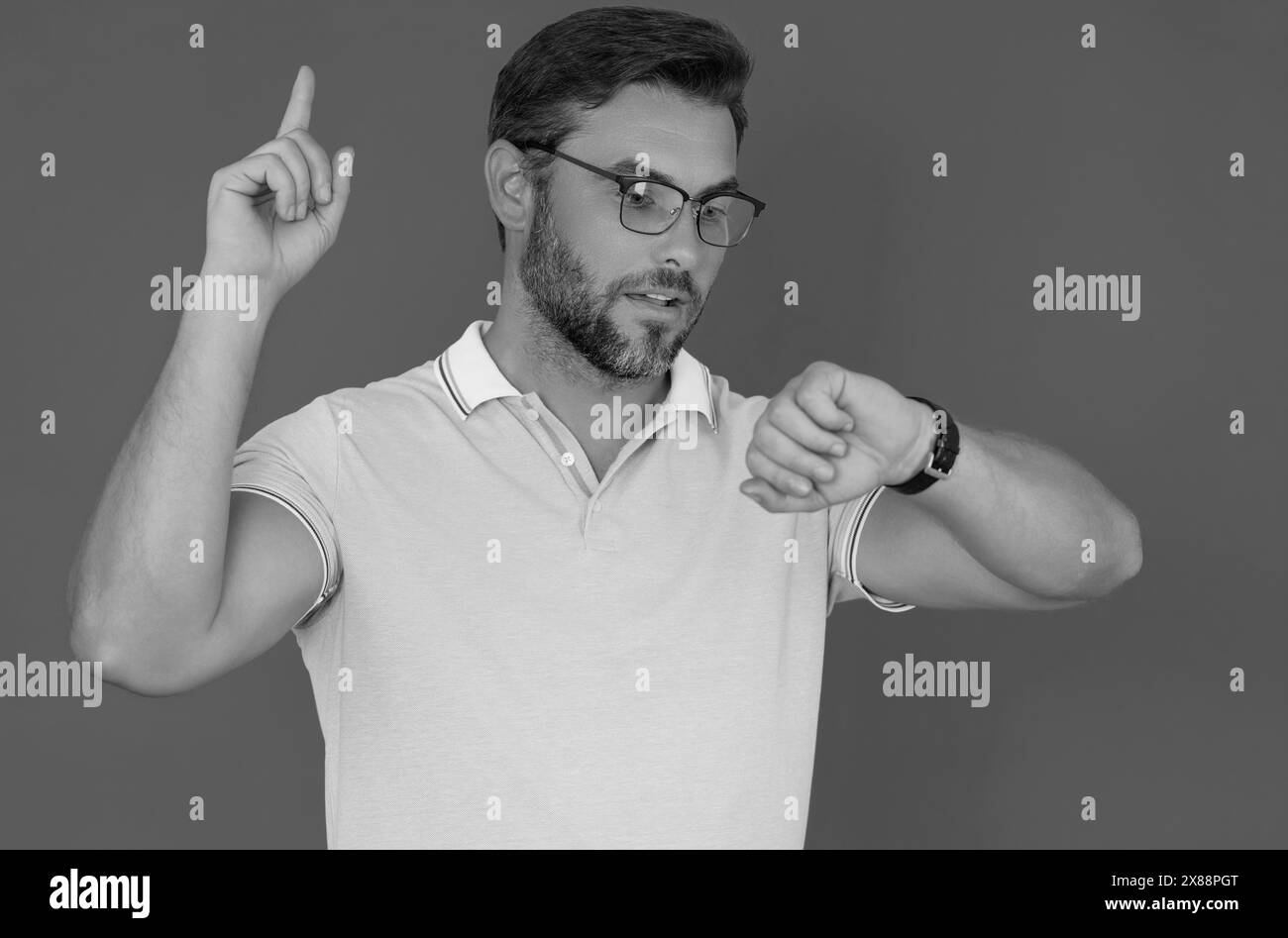 The times. Excited man In hurry pointing to watch time, impatience ...