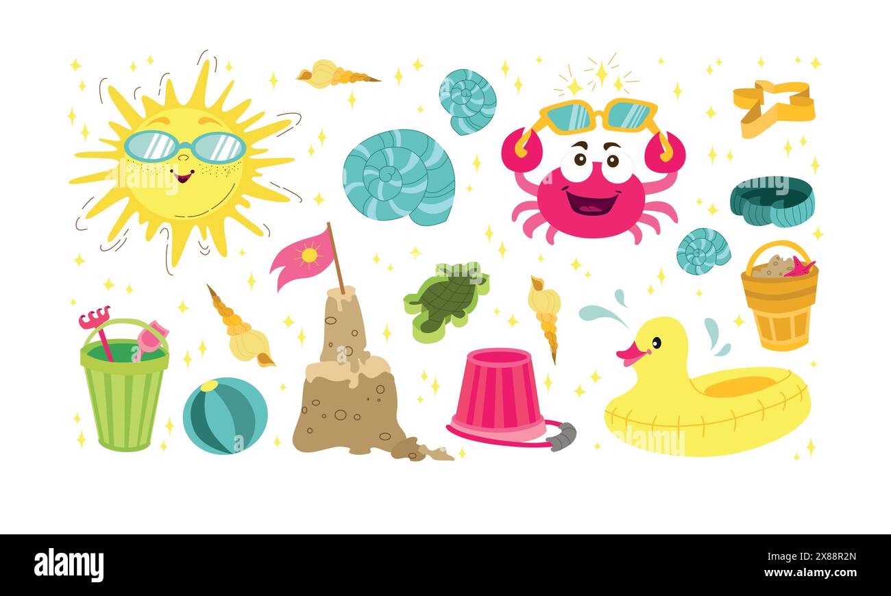 Summer icons set. Sun, ball, inflatable duck toy and crab. Elements for ...