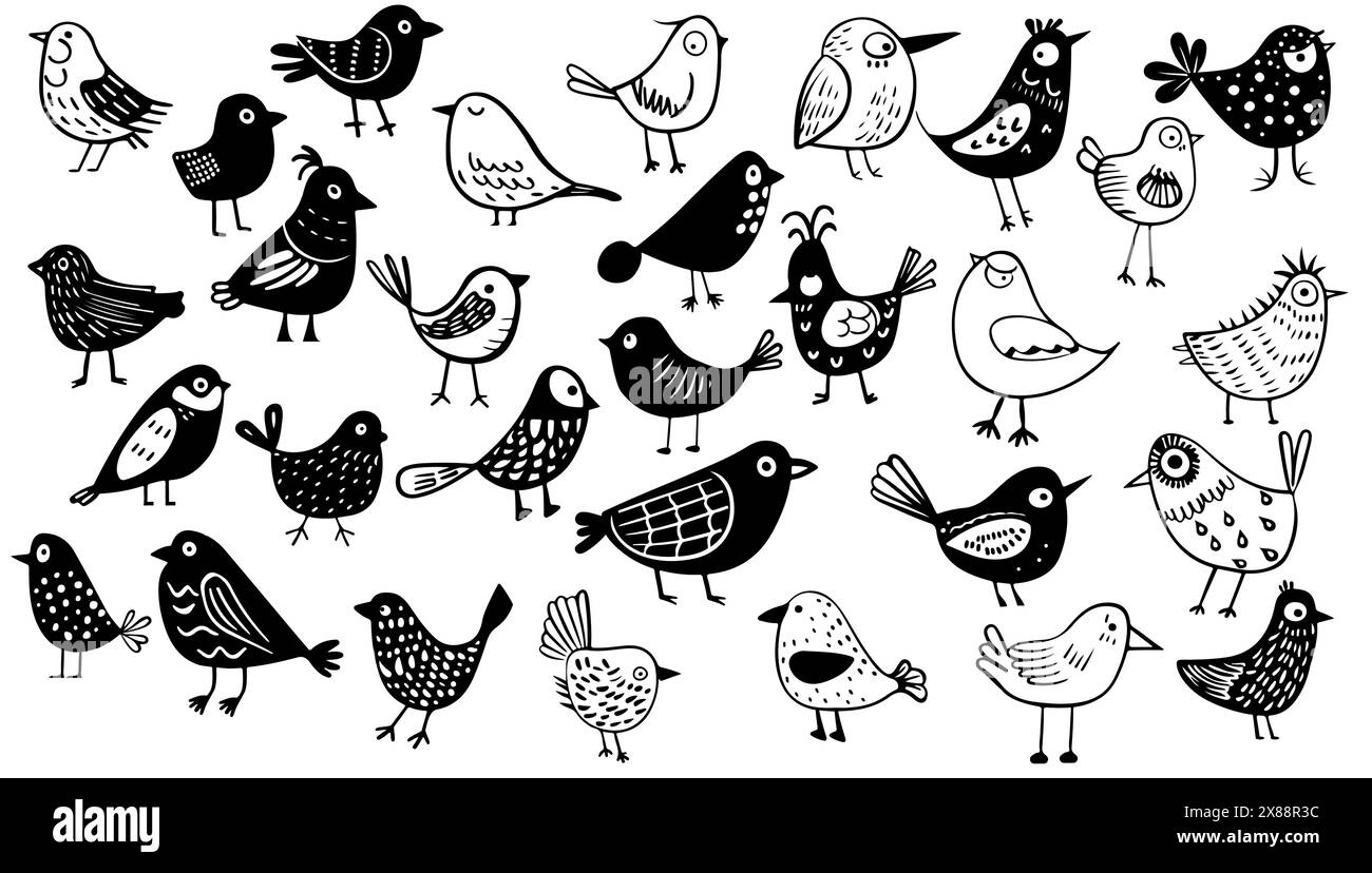 Vector black and white hand-drawn childish set with various cute ...