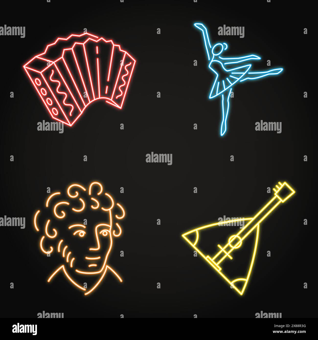 Russian culture national symbols neon icon set. Music instruments ...
