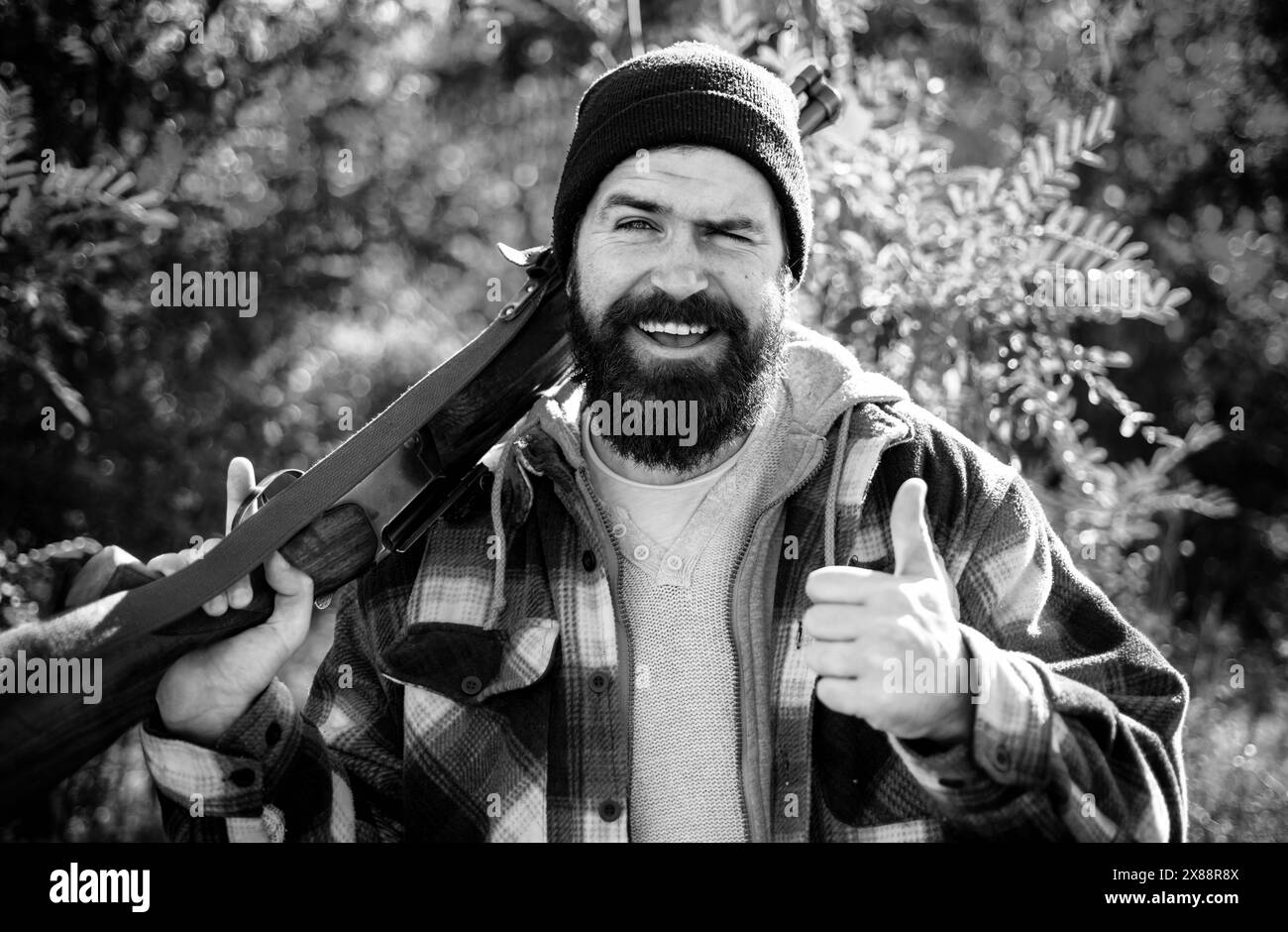 Happy Hunting in forest. Closed and open hunting season. Hunter with ...