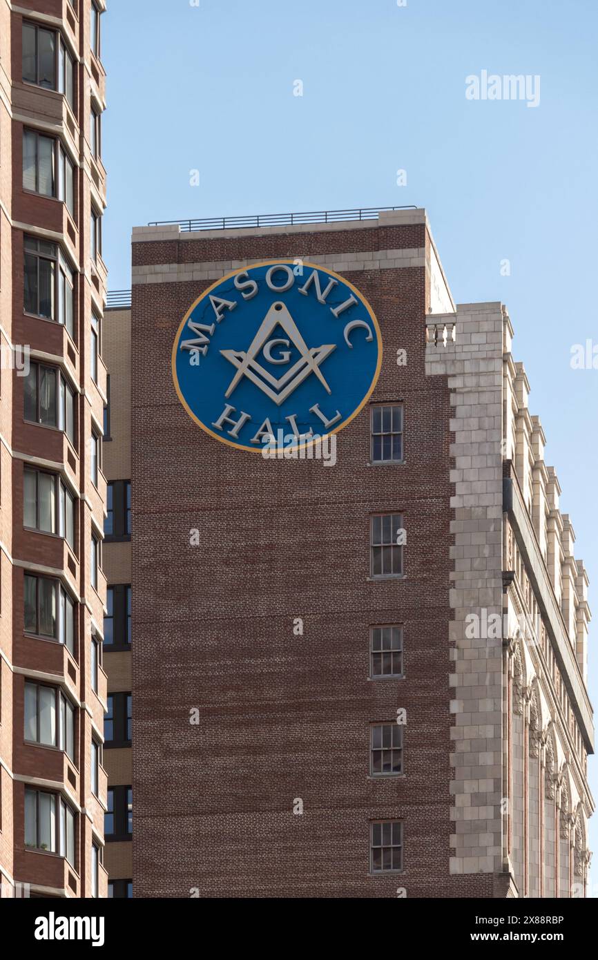 outside sign for the Masonic Hall in the Flatiron district of Manhattan ...