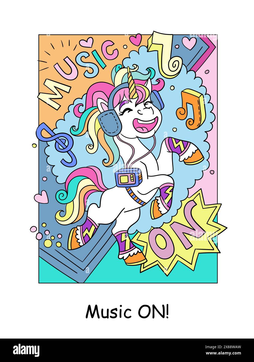Cute happy unicorn listening music with lettering Music on. Cartoon ...