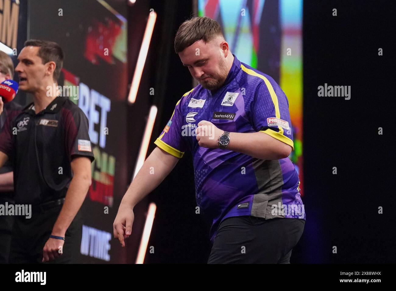 London, UK. 23rd May, 2024. Luke Littler celebrates during the 2024 ...