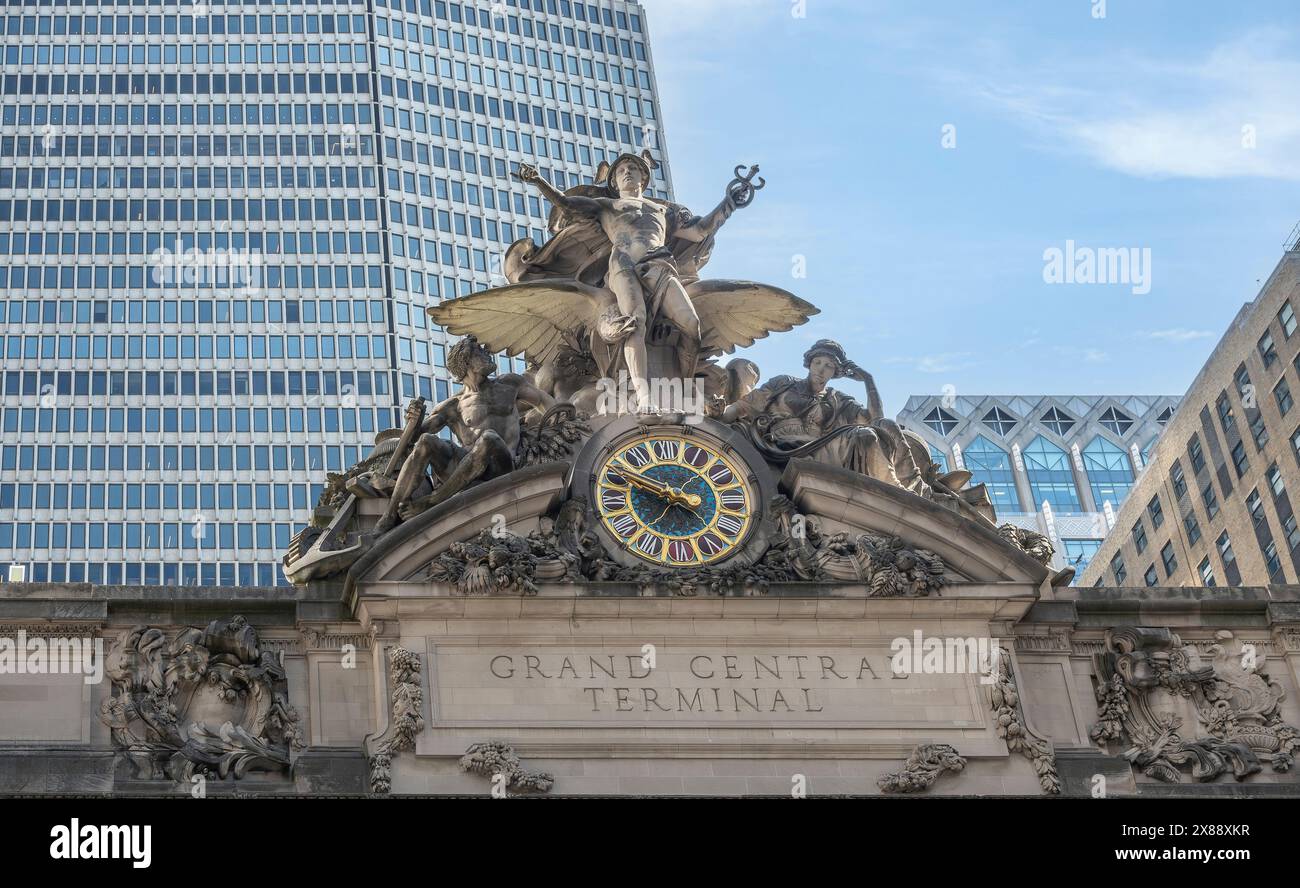 New York, NY, USA - August 2, 2023: Mercury statue closeup on top of ...