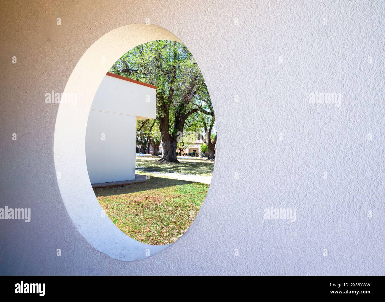 A distinctive architectural detail in an oval open cut-out on the ...