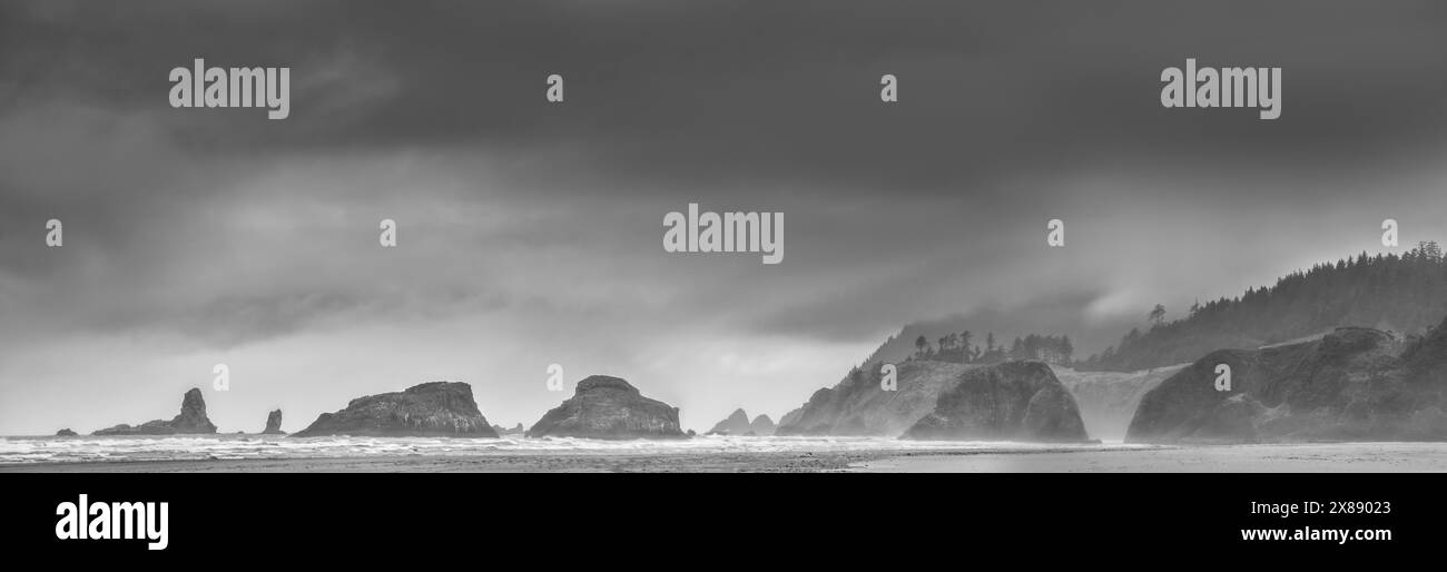 Panorama landscape photography of sea stacks and rocks in the Pacific ...