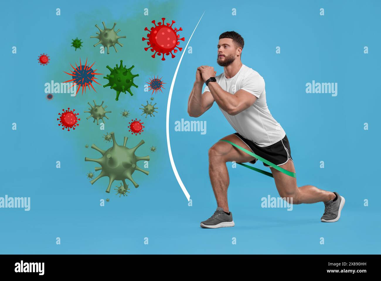 Sporty man exercising on light blue background. Healthy lifestyle ...