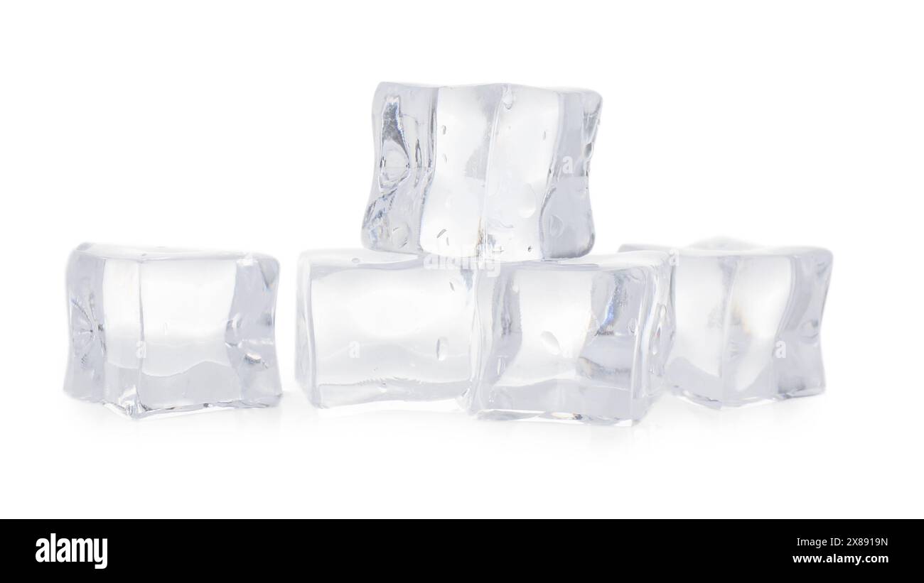 Many melting crystal clear ice cubes isolated on white Stock Photo - Alamy