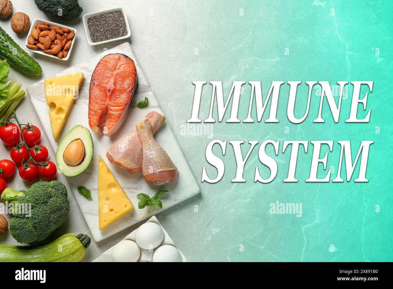 Immune system boosting with proper nutrition. Different foods on color ...