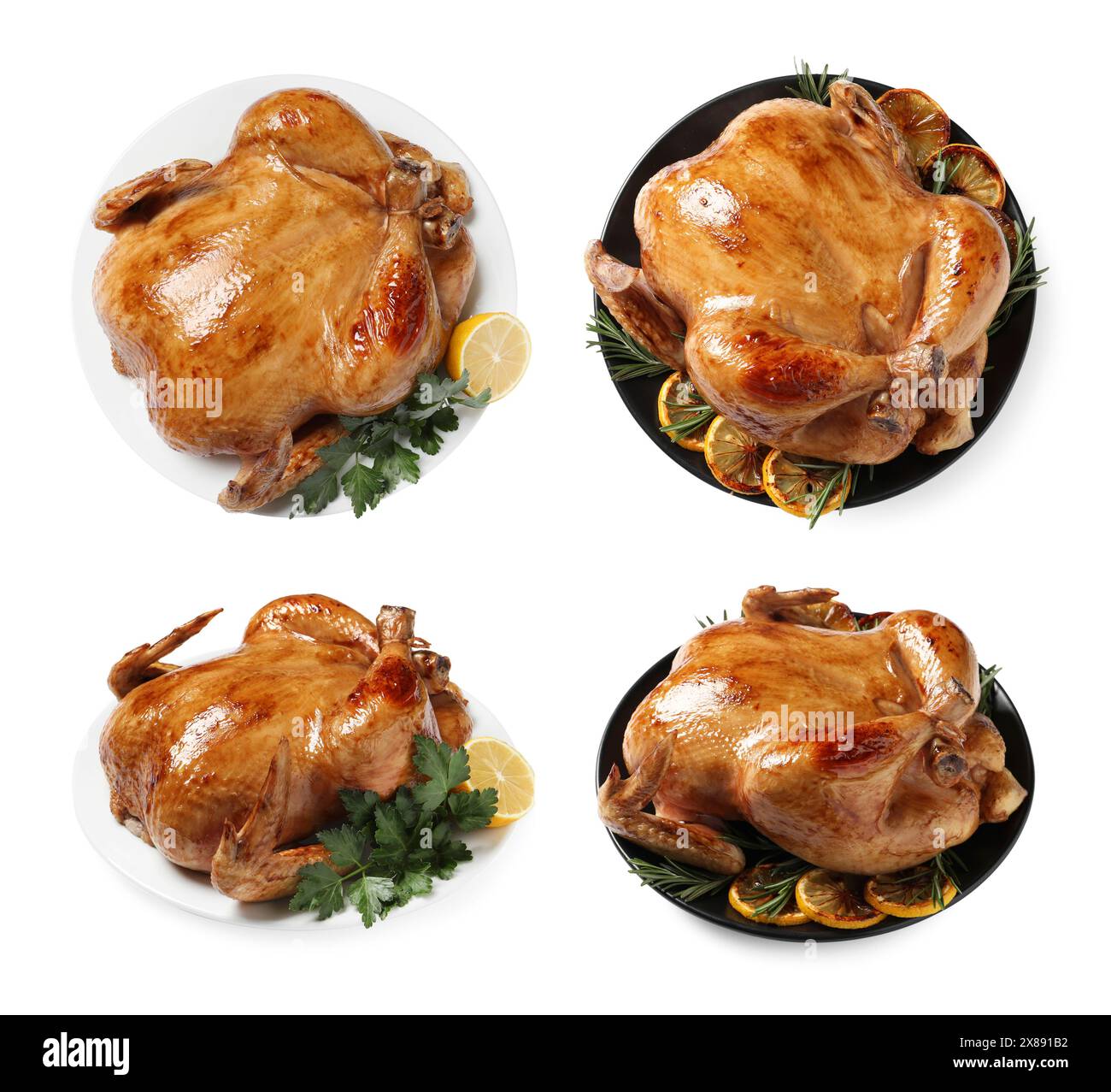 Delicious roasted chickens isolated on white, top and side views. Set ...