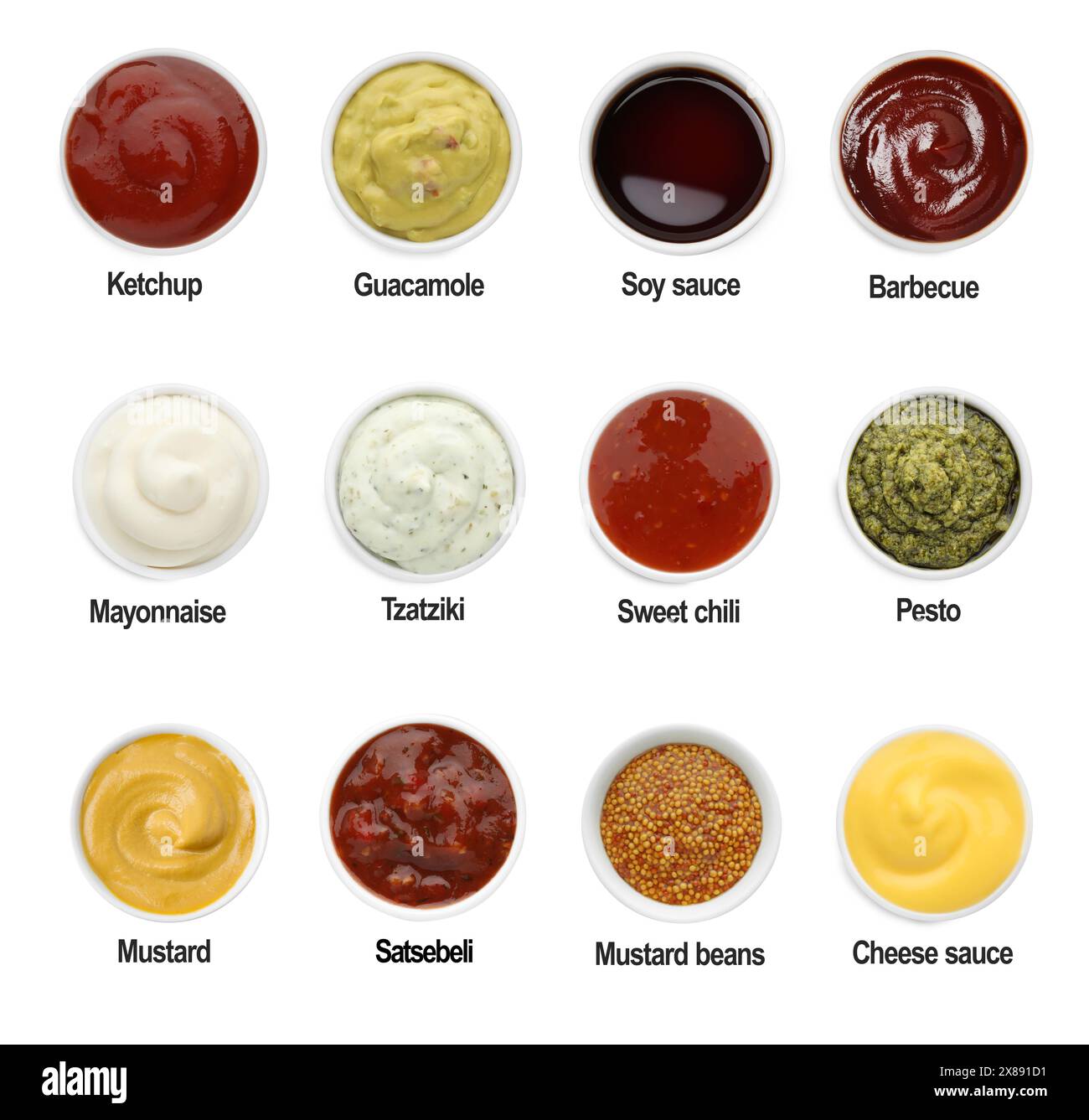 Set of different sauces in bowls and names isolated on white, top view ...