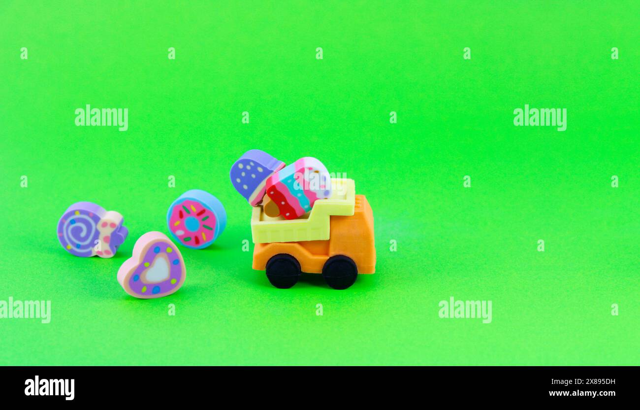 Erasers, truck carrying colorful candy Stock Photo - Alamy