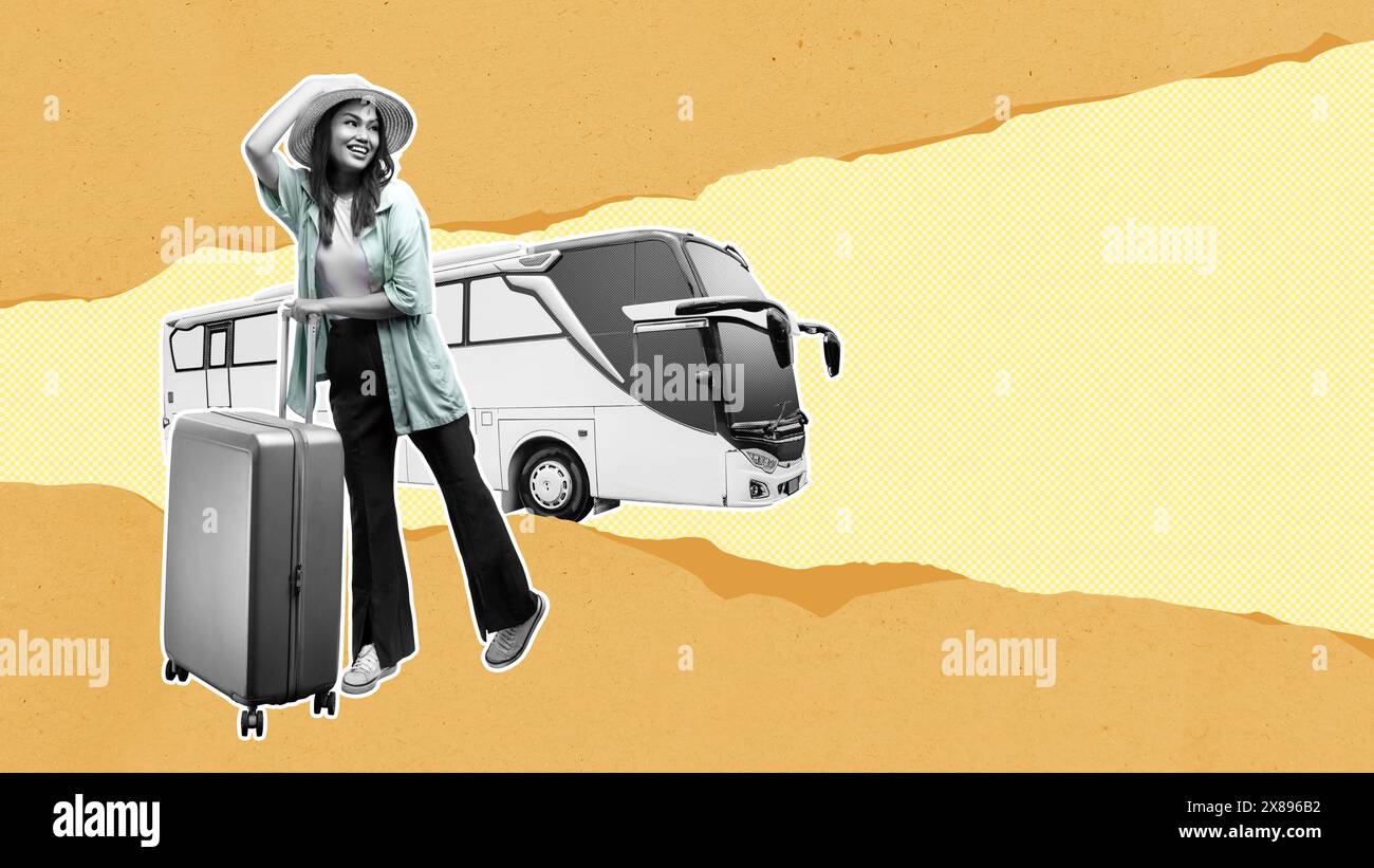 A woman in a hat carrying a suitcase traveling with a bus on a colored ...