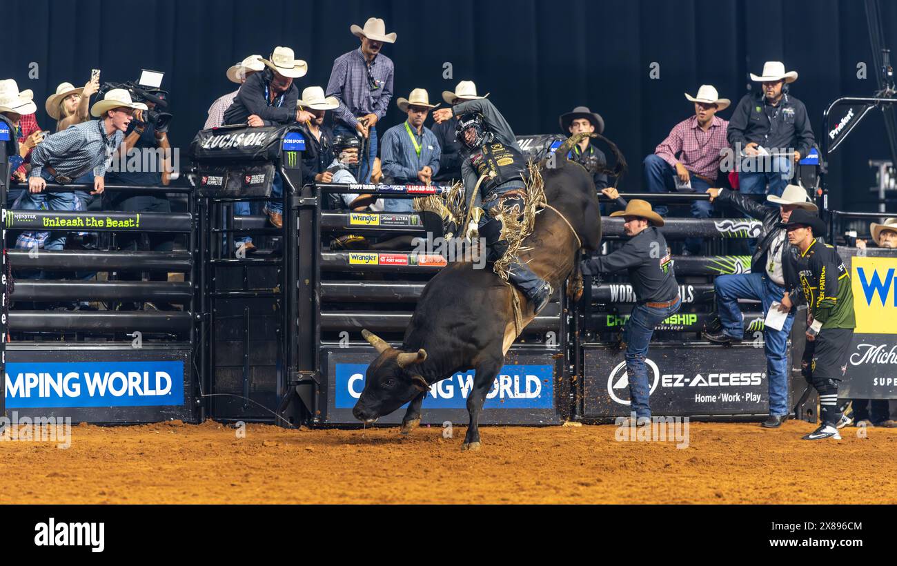 PBR World Finals 2024 in Dallas, Texas - Bullfighter hanging on for ...