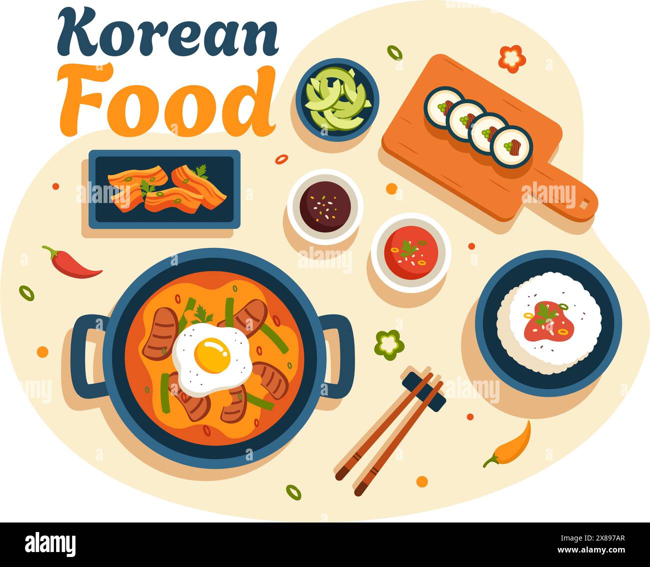 Korean Food Vector Illustration featuring a Set Menu of Various ...