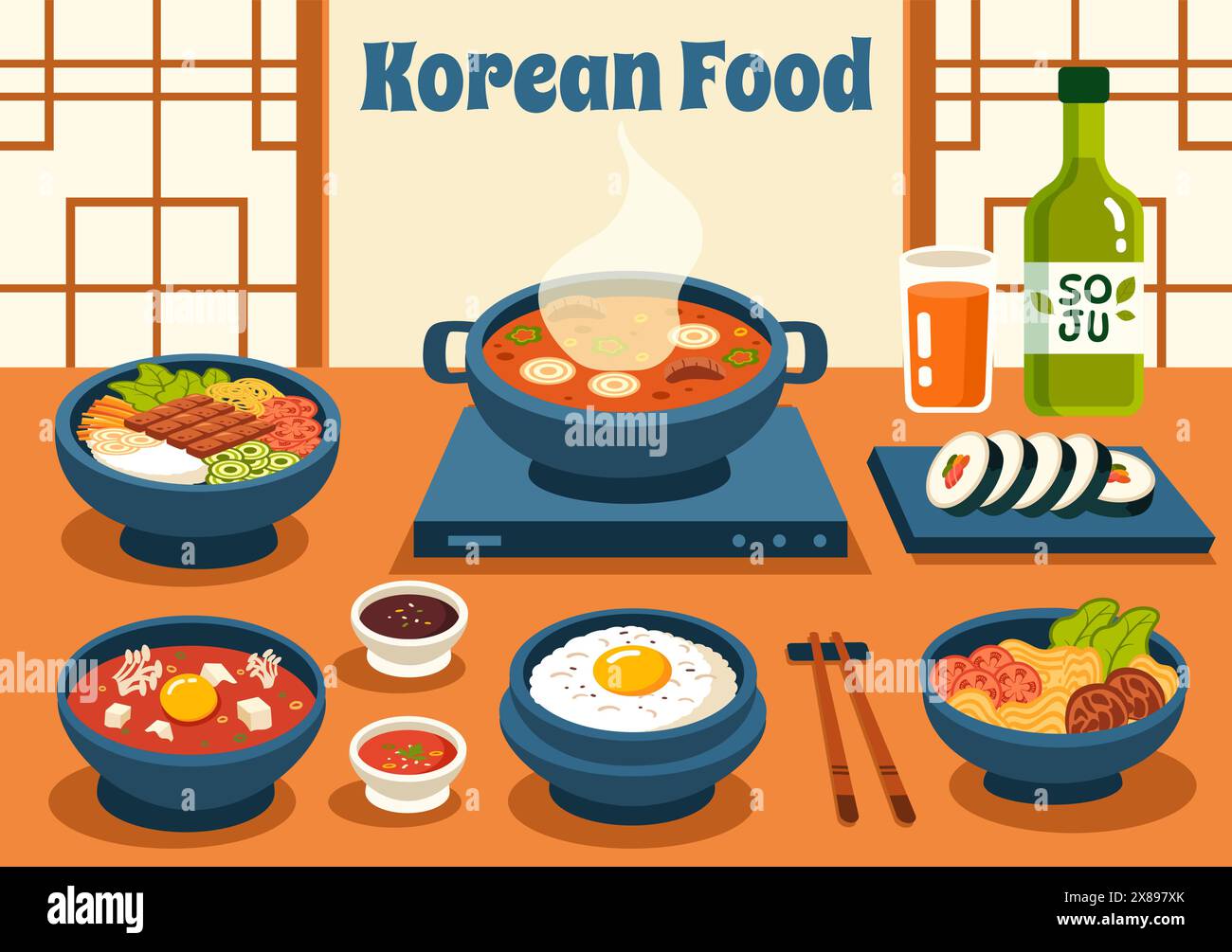 Korean Food Vector Illustration featuring a Set Menu of Various ...