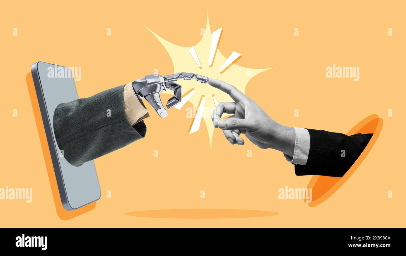 Graphic illustration showing a handshake between a human hand and a ...